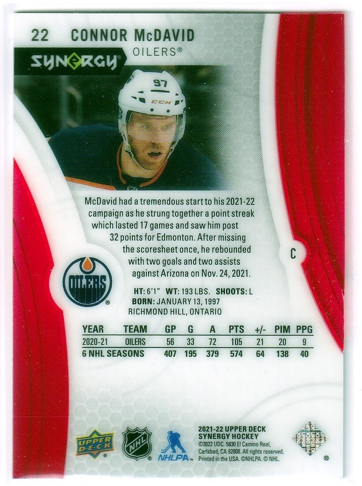 2021-22 Upper Deck Synergy BASE RED Connor McDavid #22 | eBay