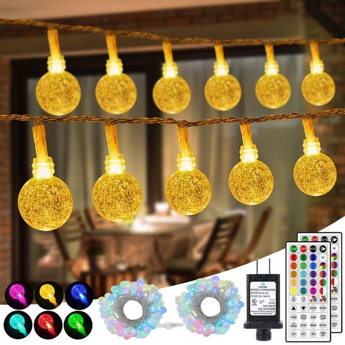 Globe Outdoor String Lights Plug in, Connectable 66ft 120LED Crystal ...