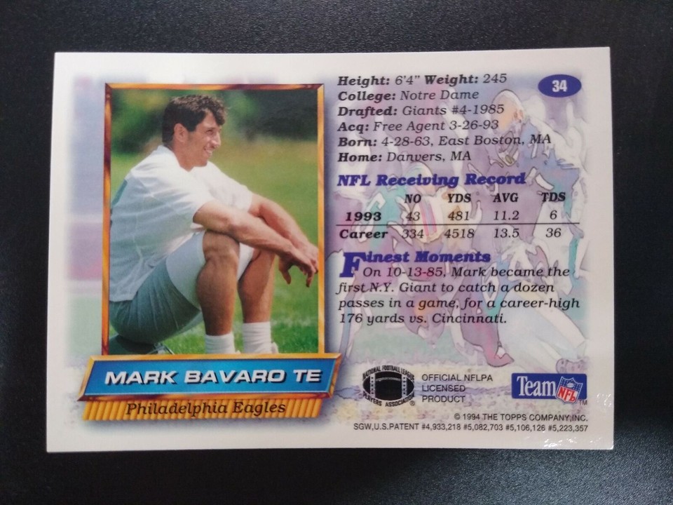1994 Topps Finest #34 MARK BAVARO Philadelphia Eagles NRMT/MT *CT05 | eBay