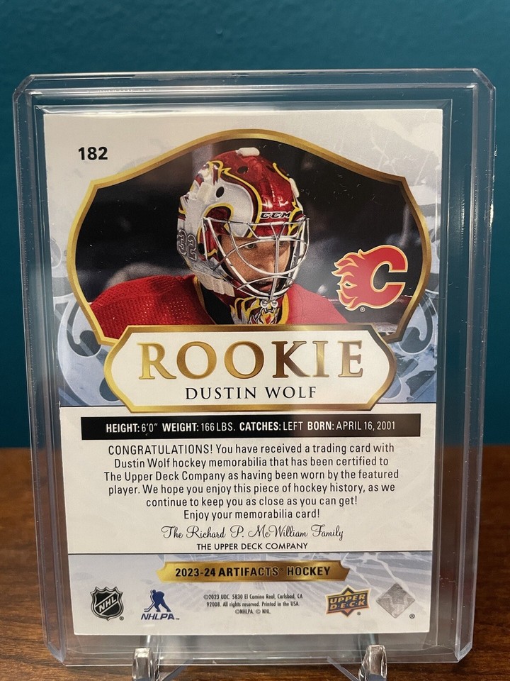 2023-24 UD ARTIFACTS DUSTIN WOLF DUAL JERSEY ROOKIE CARD /399 FLAMES ...
