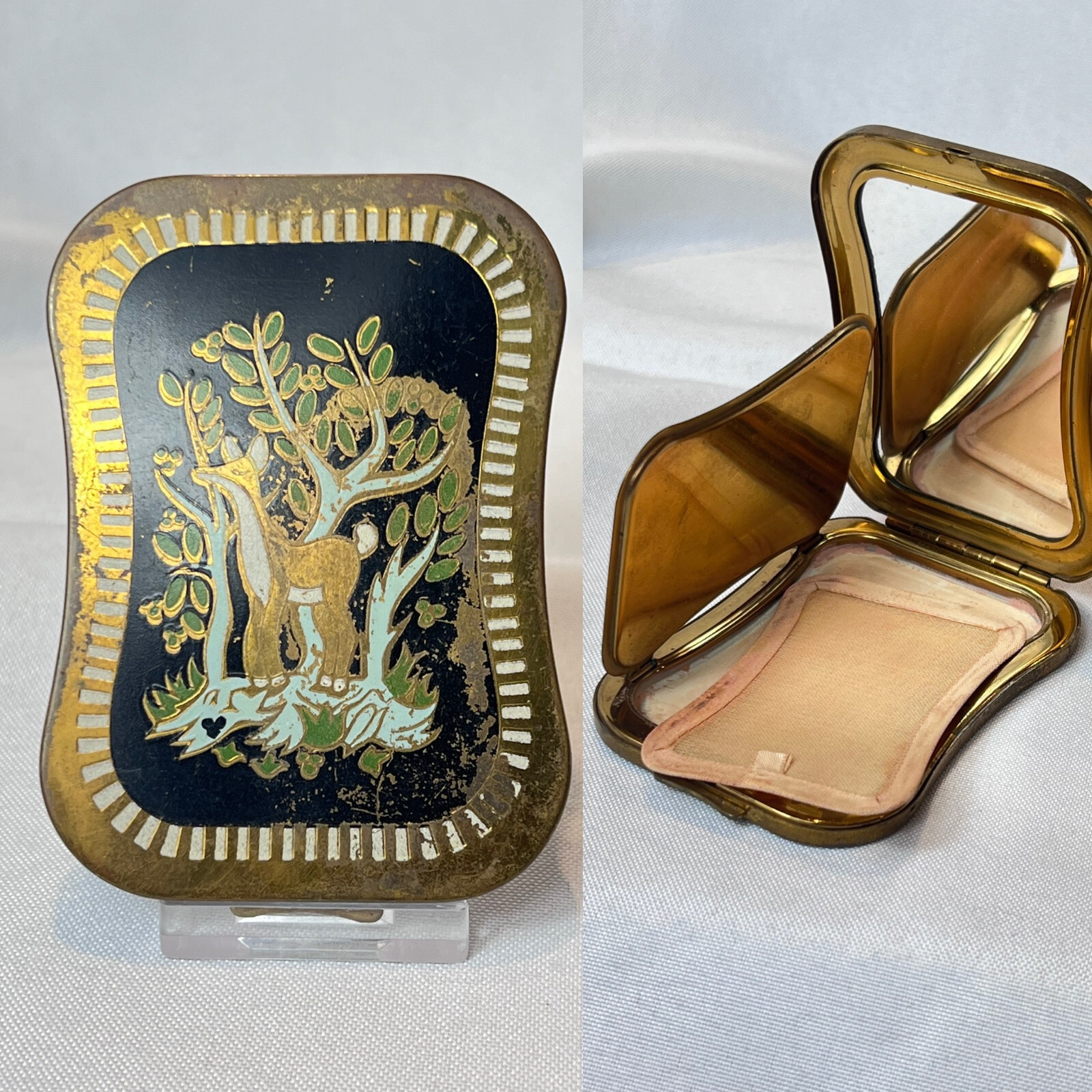 Vtg Helena Rubinstein Compact Deer In Forest Gold Tone Mirrored Powder ...