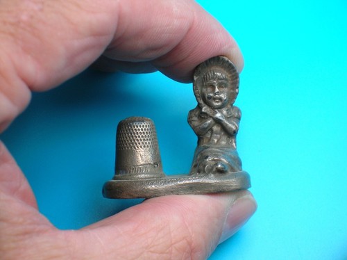 LOT OF TWO ANTIQUE THIMBLE HOLDERS AND SAWING TAPE WITH MINIATURE ...