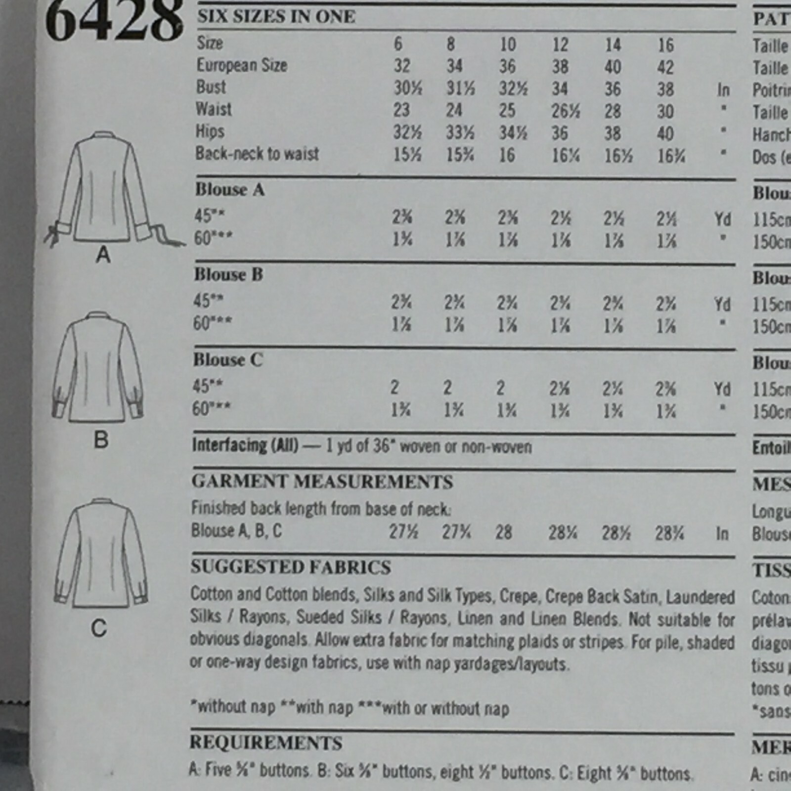 New Look 6428 top blouse french cuffs vintage UNCUT sewing Pattern size ...