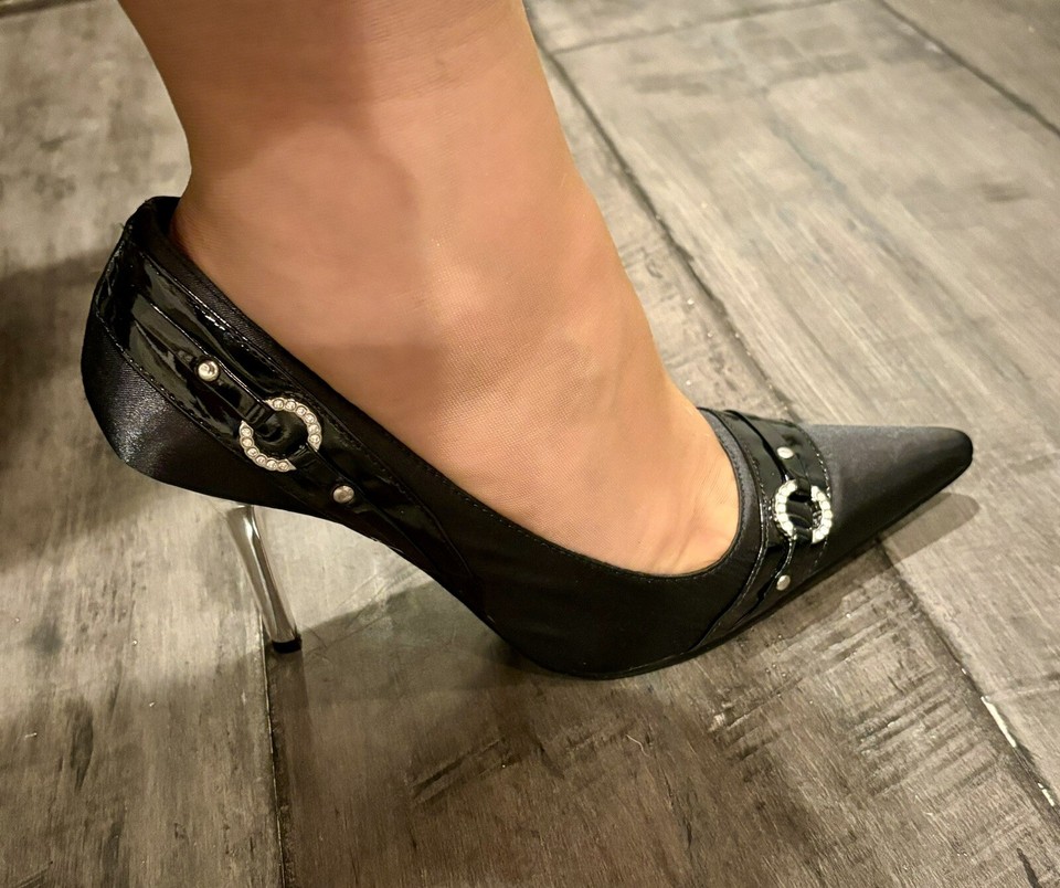🖤New Delicious Black Satin Stiletto Heels Rhinestone Accents Size 7.5 ...