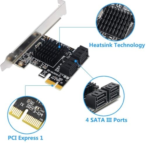 SATA Card, 4 Port with 4 SATA Cable, SATA Controller Expansion Card ...