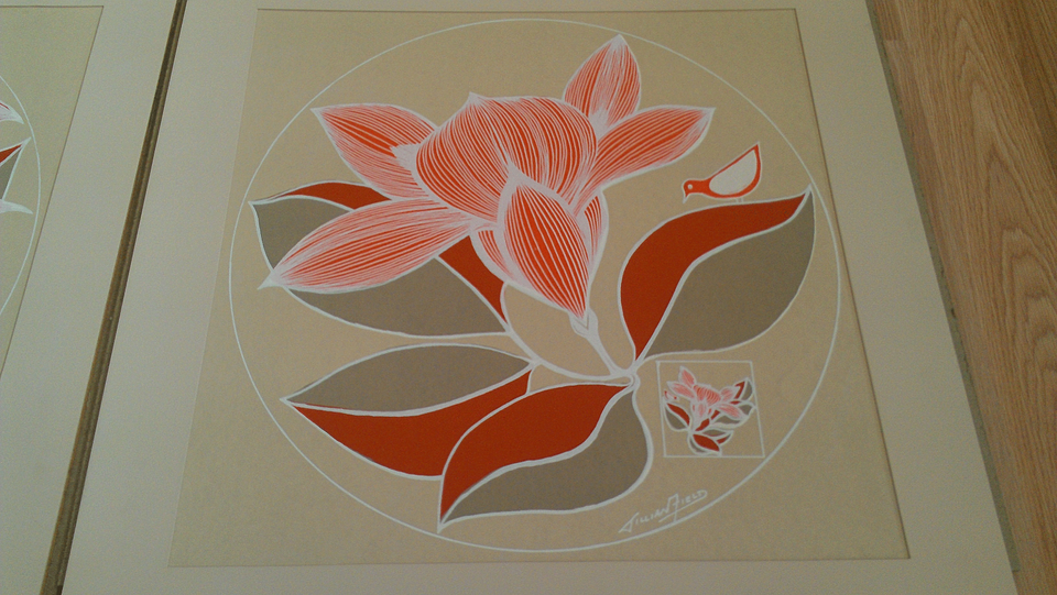 Vintage Jillian Field Orange White Flowers Birds Serigraph Art Signed ...