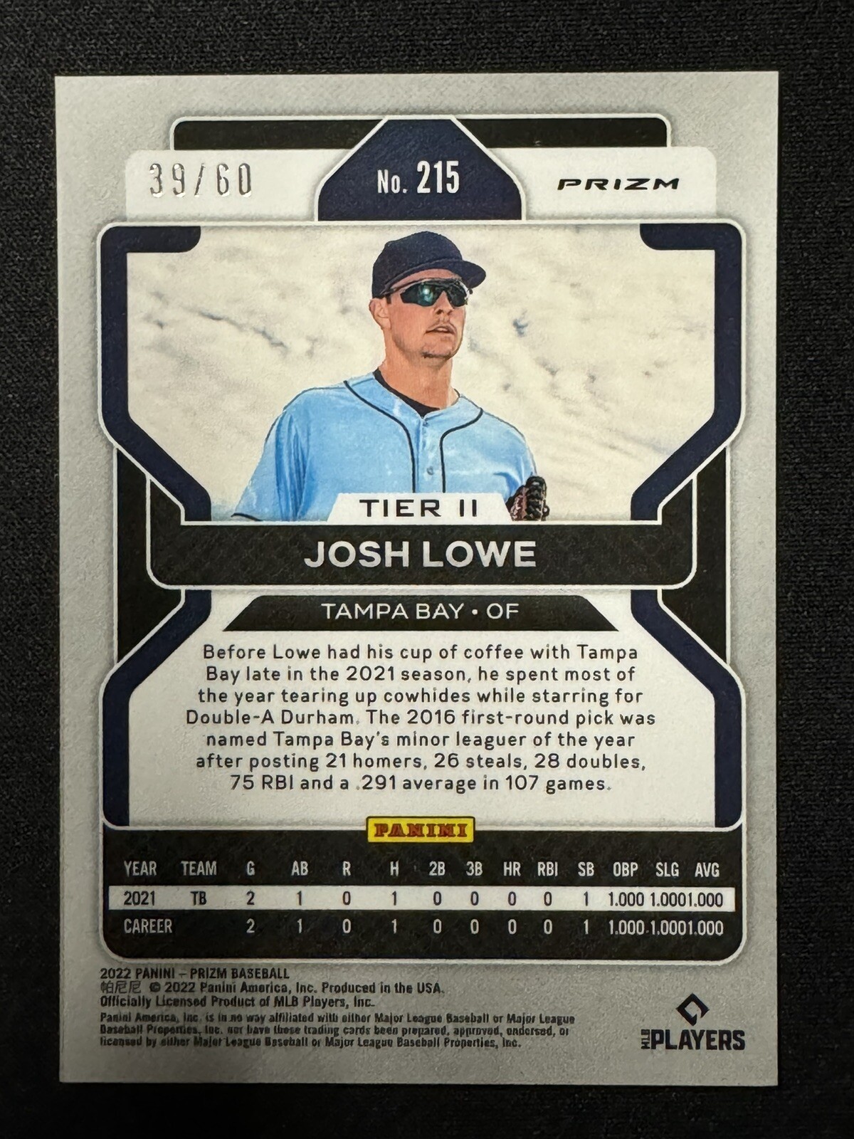 JOSH LOWE Rookie 2022 Panini Prizm BLUE WAVE /60 Tampa RAYS Color Match ...
