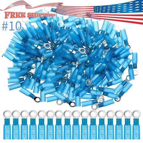 50-500PCS Eyelet Wire Connectors 16-14 AWG #10 Blue Heat Shrink Ring ...