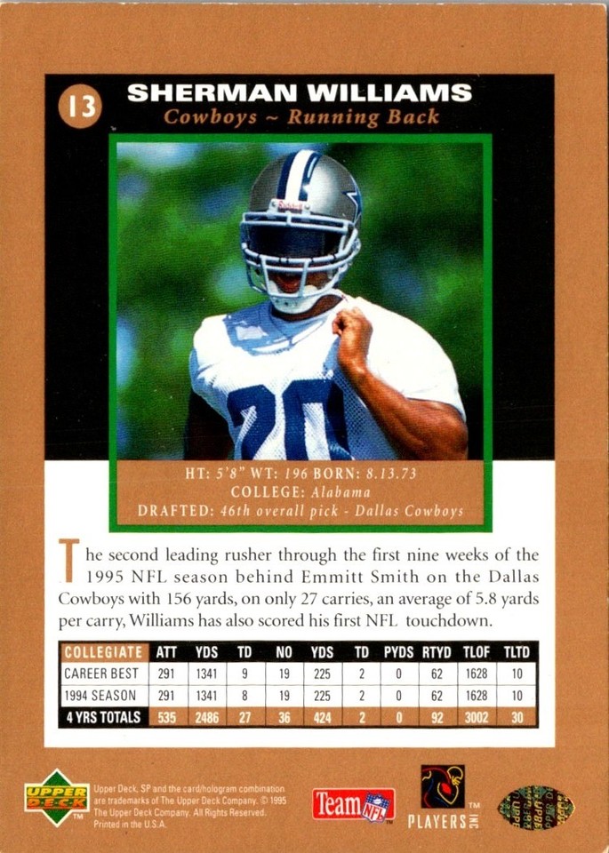 1995 SP Sherman Williams #13 Dallas Cowboys Football Card | eBay