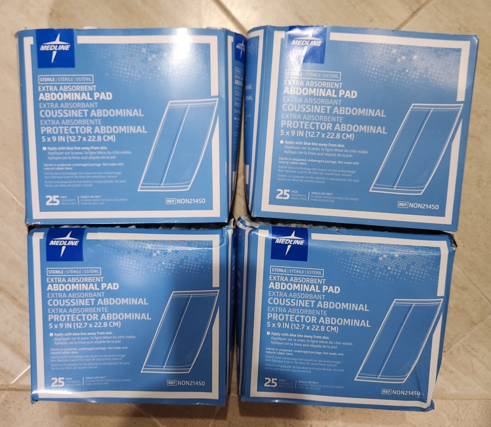 Case of 4 Midline Abdominal Pads Sterile 5x9 in EXTRA ABSORBENT 25 Ct ...
