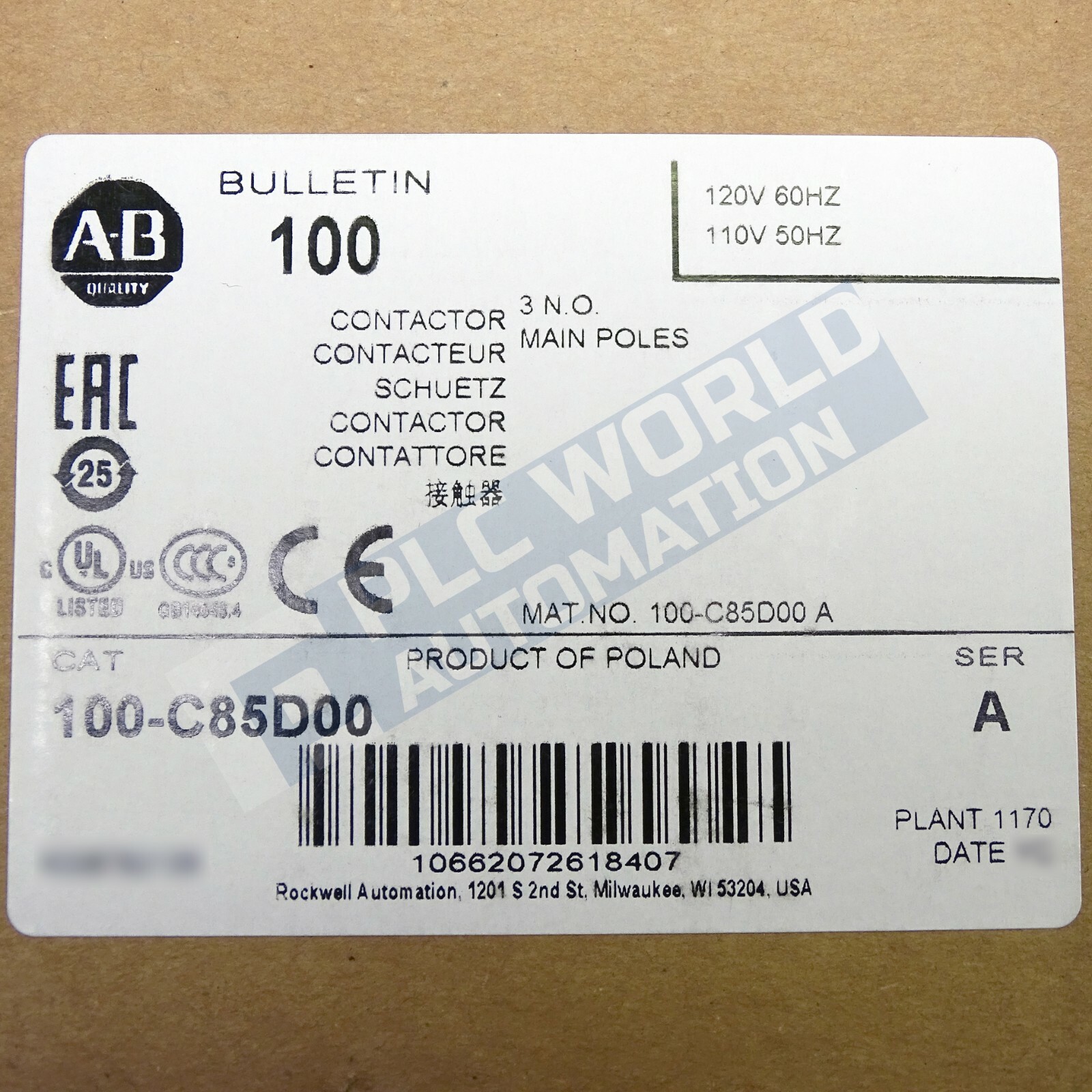 100-C85D00 Allen Bradley IEC Contactor, 110/120 VAC, 3-P, 85A Brand New ...