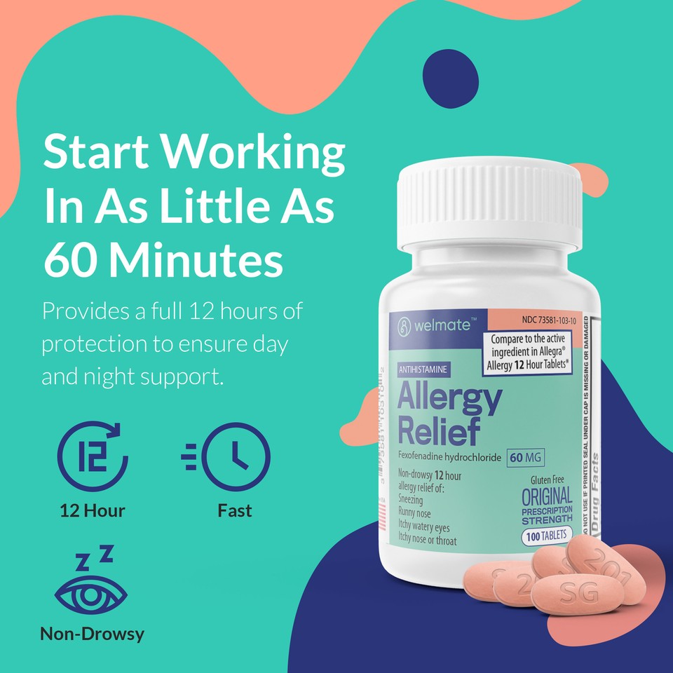 Welmate Allergy Relief | Fexofenadine Hydrochloride 60 mg | 100 Count ...