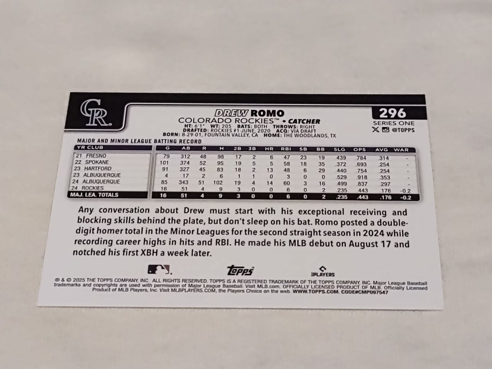 Drew Romo 2025 Topps Rookie Card #296 Base Set Colorado Rockies | eBay