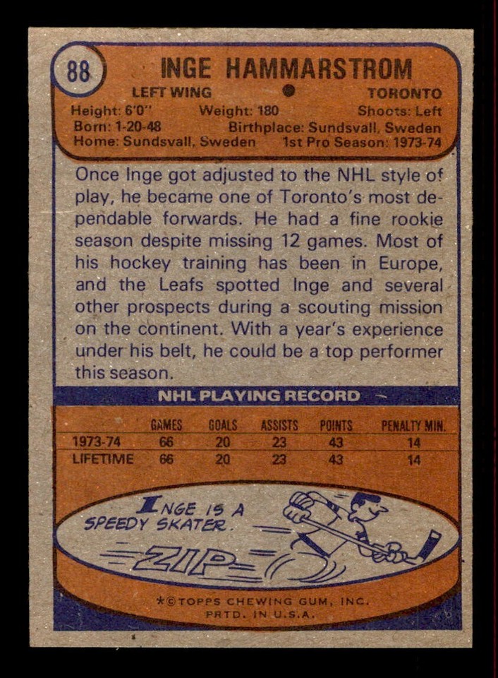 1974 Topps Hockey #88 Inge Hammarstrom EX/MT | eBay