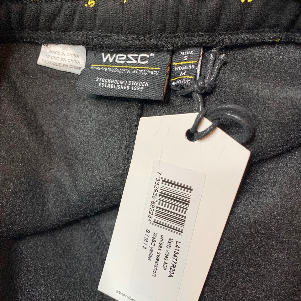 WeSC Mens Fleece Sweat Shorts Size S Small Black Yellow Vibes Pockets ...
