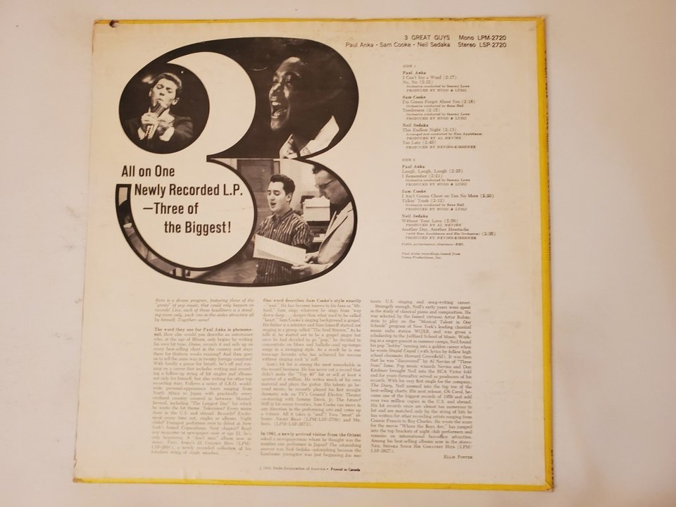 Paul Anka, Sam Cooke, Neil Sedaka - 3 Great Guys (Vinyl Record LP) | eBay
