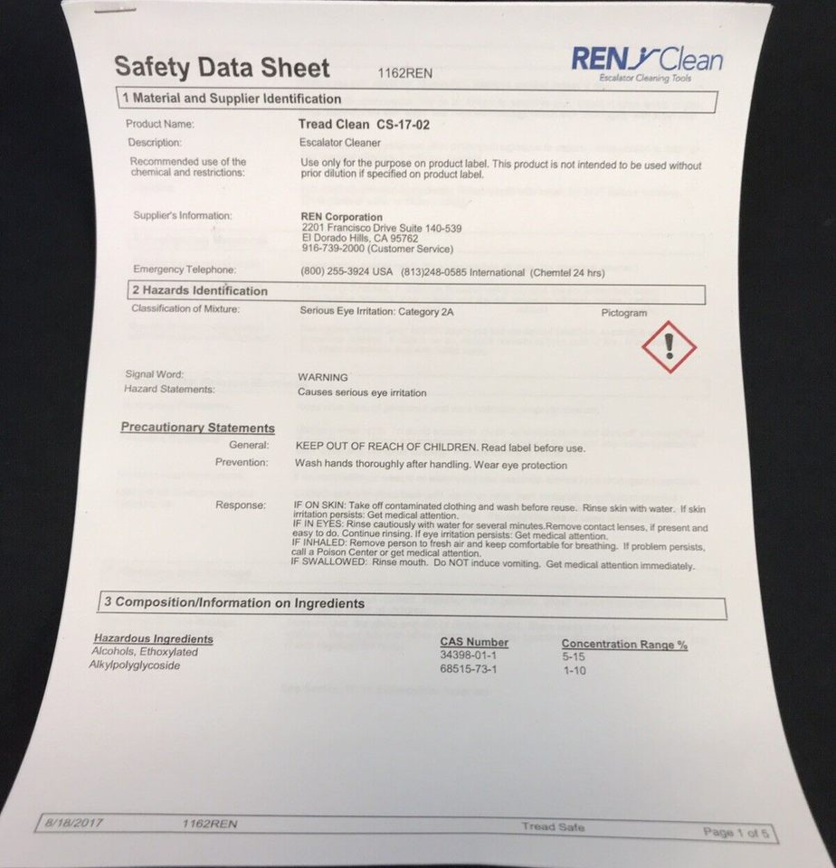 REN TREAD CLEAN ESCALATOR CLEANING SOLUTION 1 GAL 3.785 L CS-17-02 | eBay