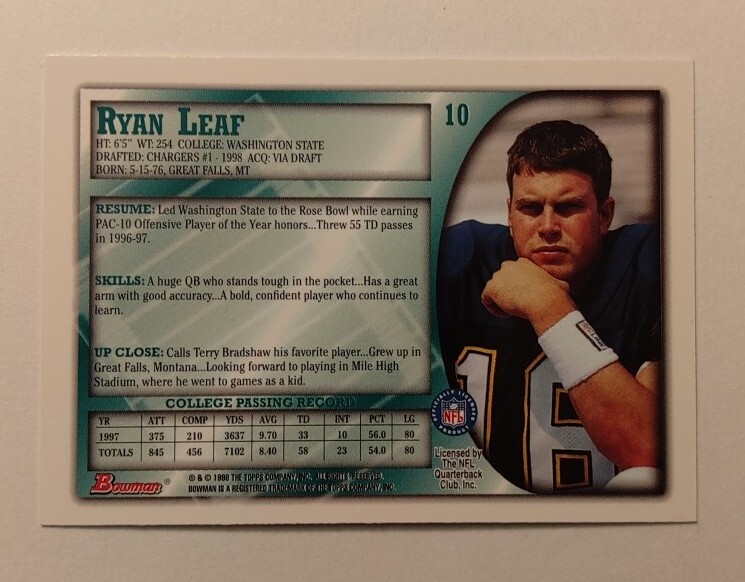 1998 Topps Bowman Football RC Ryan Leaf Rookie #10 San Diego Chargers ...