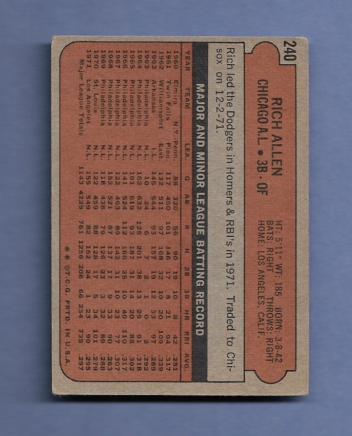 1972 TOPPS RICHIE ALLEN BASEBALL CARD #240 - EXCELLENT CONDITION! WHITE ...