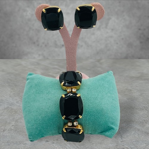 VTG Kramer of N.Y. Gold Tone Chunky Jet Black Stone Bracelet Earrings ...