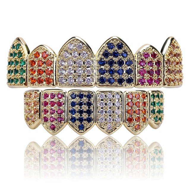 colorful iced grillz bling out gold silver rainbow cz hip hop 6ix9ine ...