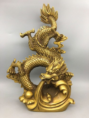 14.6" Chinese Ming dynasty brass large Standing dragon pattern statue ...