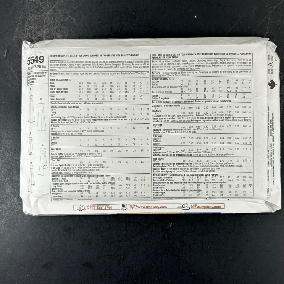 Simplicity 5549 Misses & Petite Sundress 2 Lengths Bodice Options Uncut ...