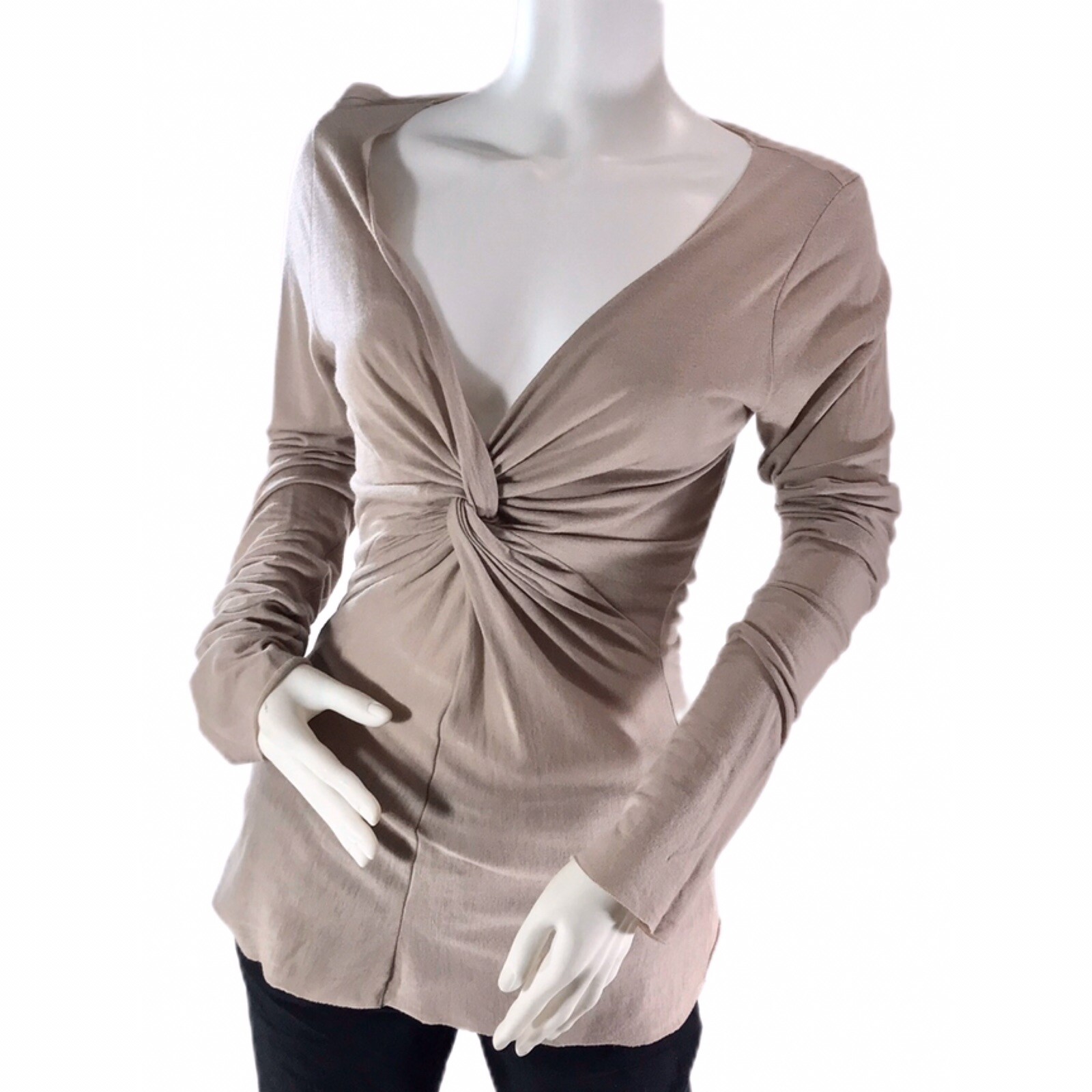 Velvet Beige Long Sleeve Twist Front Wool Blend Tissue Tee Shirt Top ...