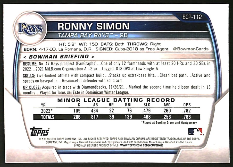 2023 Bowman Chrome Prospects #BCP-112 Ronny Simon Tampa Bay Rays | eBay