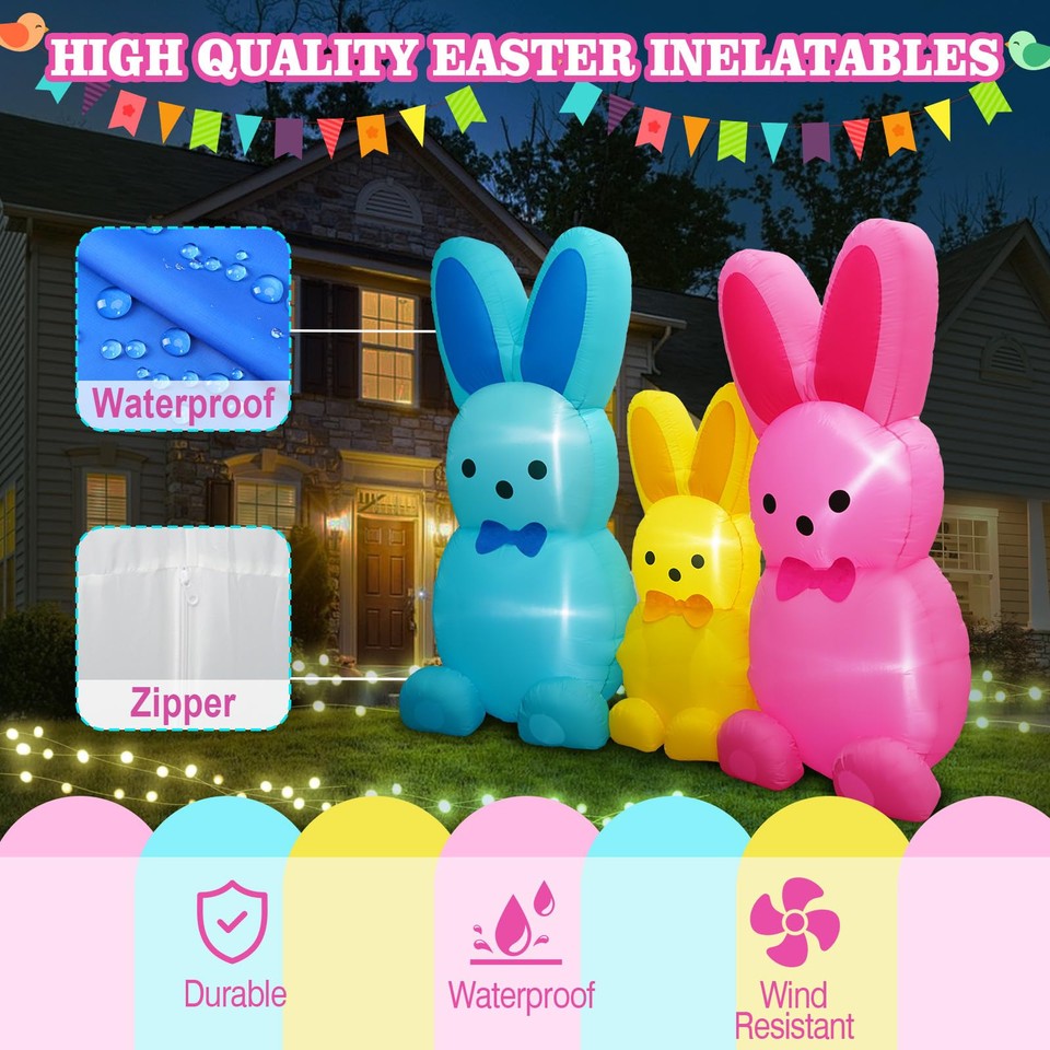 6FT Easter Inflatables Three Blue Yellow Pink Bunny Family Decoration ...