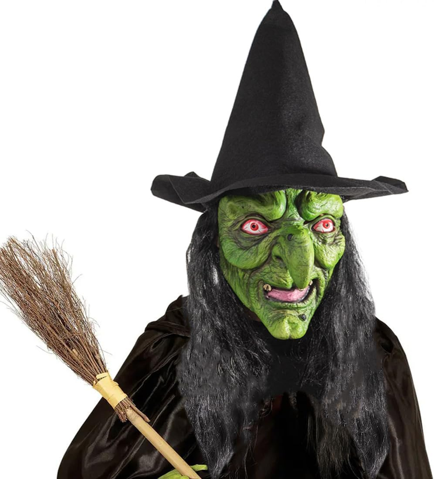 Scary Evil Mask with Wig Hat Horror Green Face Face Red Eye Zombie Mask ...