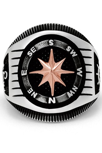 Men's Nautical Compass Sailing Ring 925 Sterling Silver Black Helm ...