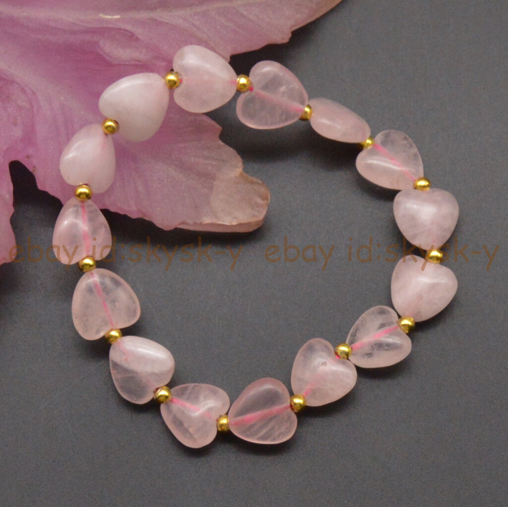 Natural 12mm Pink Rose Quartz Heart-shaped Gems Beads Elastic Bracelet ...