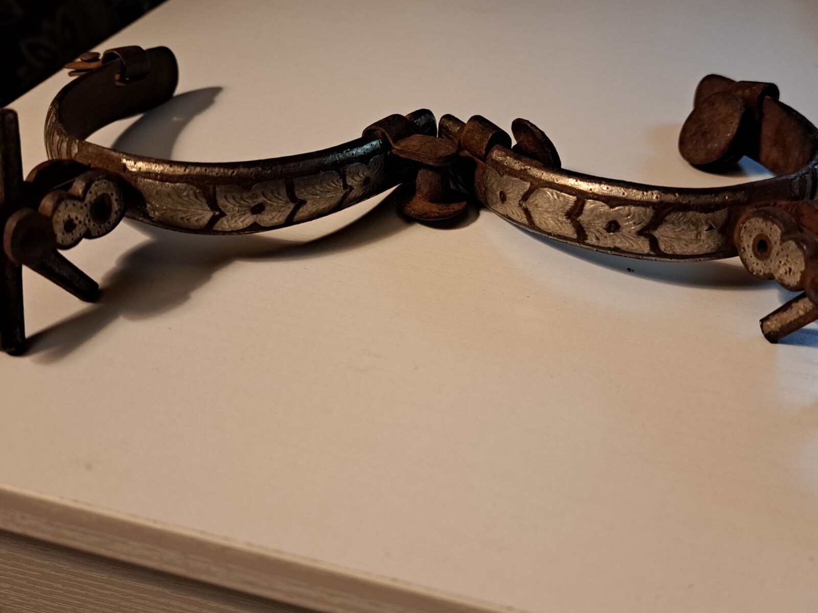 Antique Set Of Cast Iron Boot Spurs Silver Inlay Perfect Condition No ...