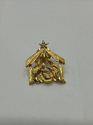 Vintage Nativity Scene Christmas Gold Tone Rhinestone Lapel Pin Brooch ...