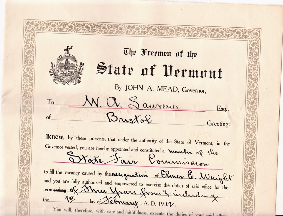 Vermont Governor Ryland Fletcher 1856 signed Commission Justice of the ...