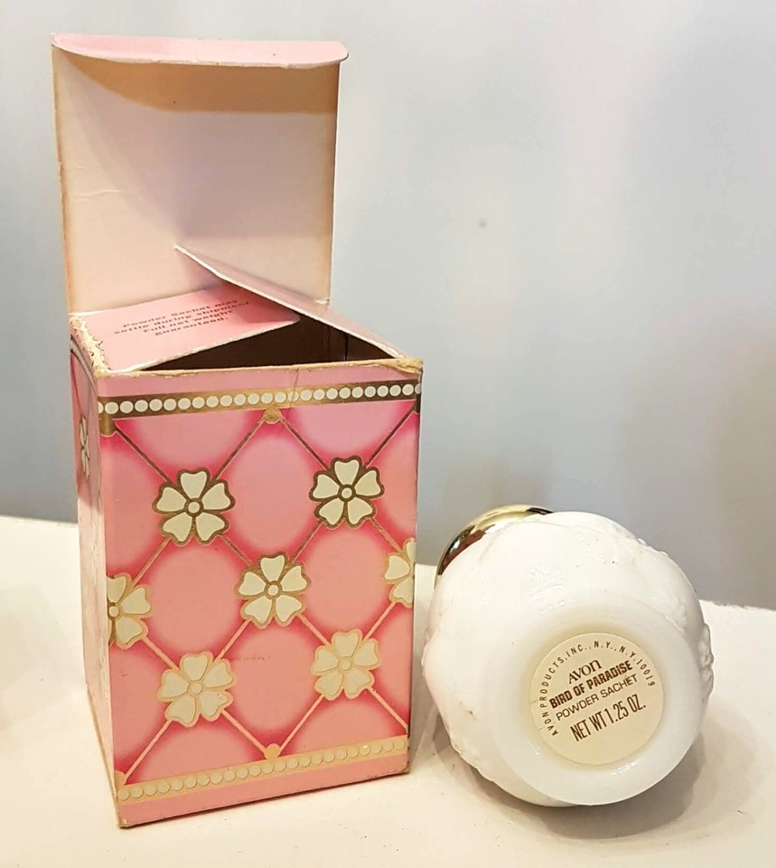 Avon Bird of Paradise Powder Sachet Quilted White Glass Bottle NEW VTG ...