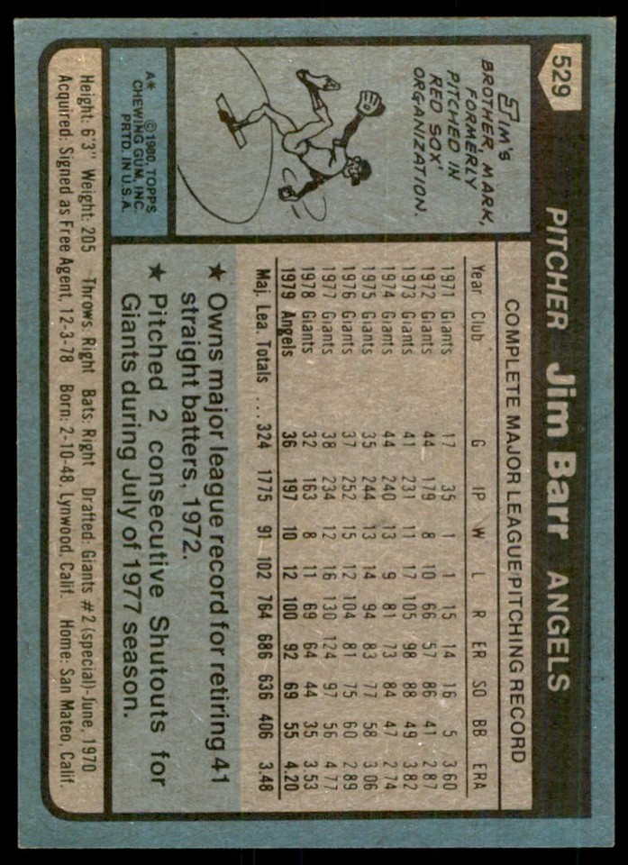 1980 TOPPS JIM BARR . CALIFORNIA ANGELS #529 | eBay