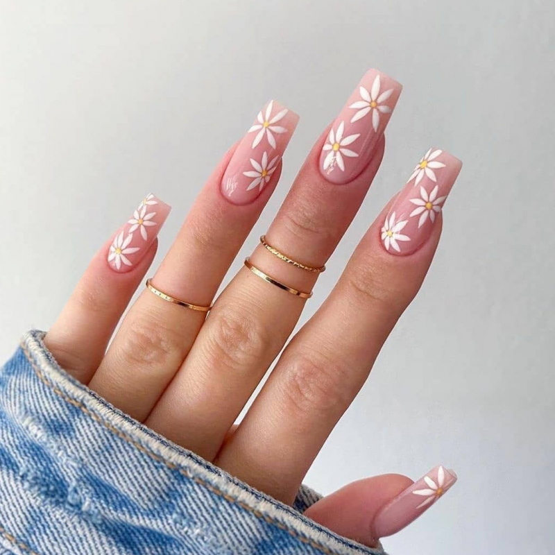 Pink French Tip Nails With Flowers