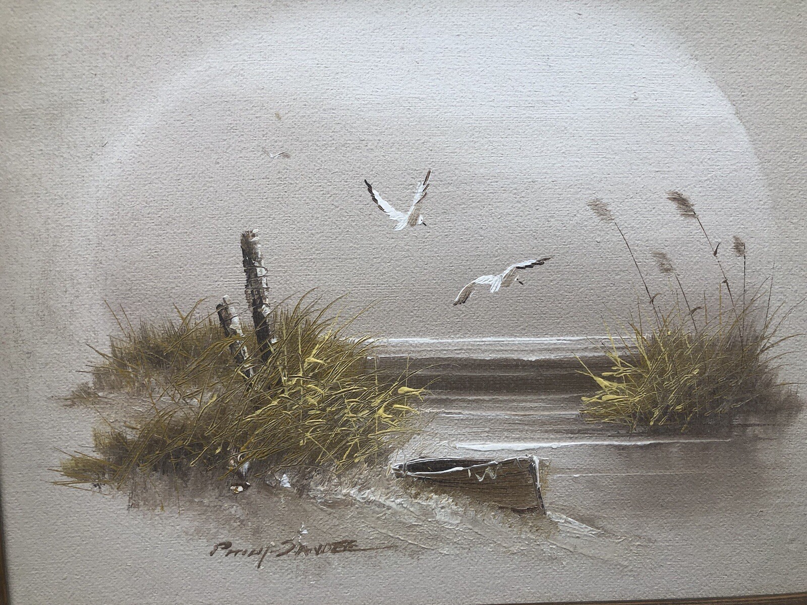 Vintage signed Oil painting by Philip Sandee framed seagulls at the ...