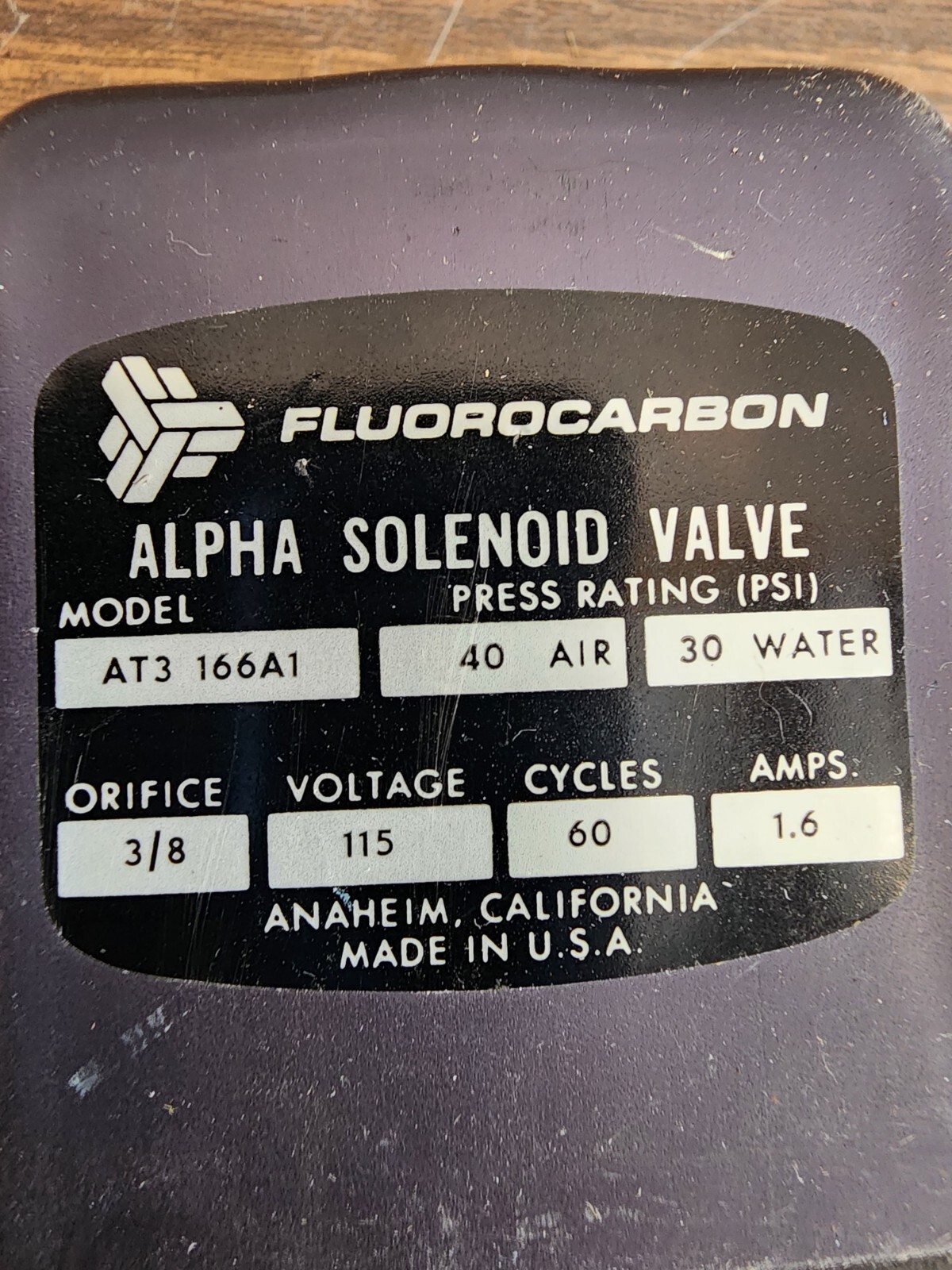 Fluorocarbon Alpha Solenoid Valve AT3-166A1, 40 Air PSI, 30 Water PSI ...