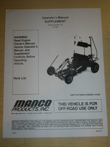 MANCO MODEL 415-301 GO KART PARTS LIST OPERATORS MANUAL CART | eBay