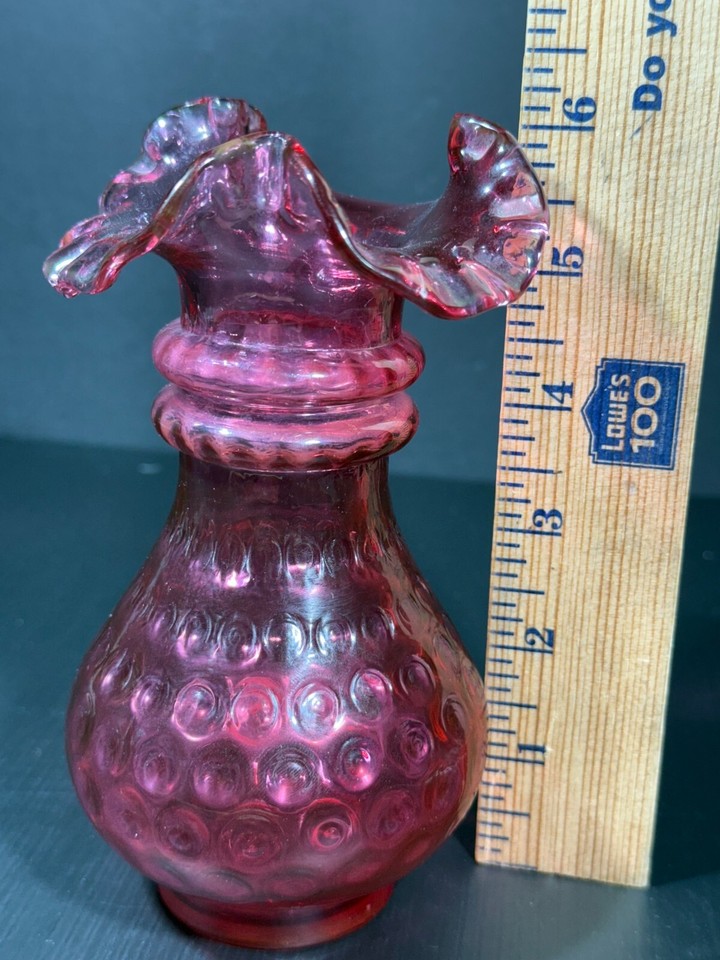 Vintage Fenton Cranberry Optic Coin Dot Ruffled Crimped Edge 6" Tall | eBay
