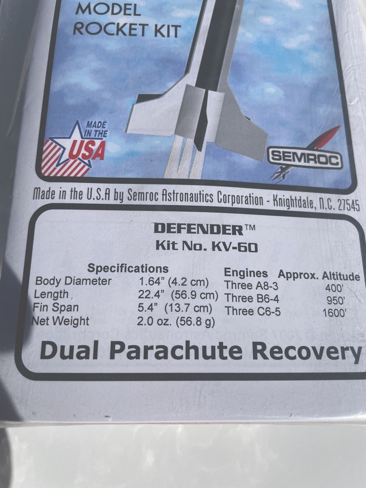 Semroc Flying Model Rocket kits - Defender, Baby Orion, Sprite (3 ...