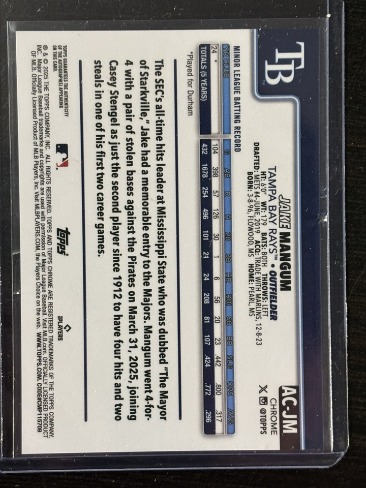 2025 Topps Chrome Update Jake Mangum AUTO Rookie RC Rays | eBay