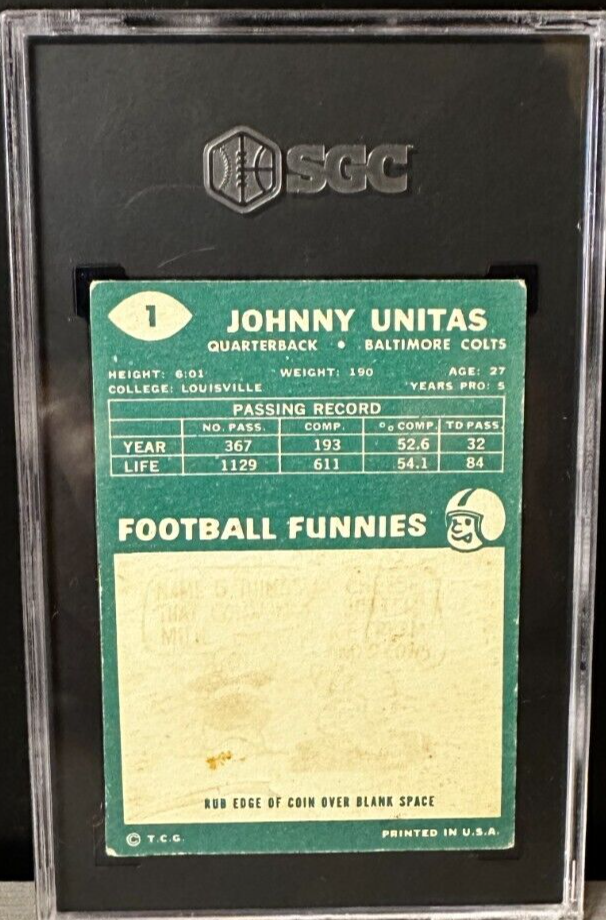 1960 Topps Football #1 John Johnny Unitas Baltimore Colts HOF SGC 4 VG ...