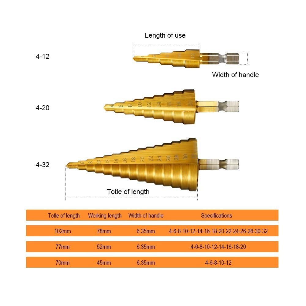 3pcs Titanium Step Drill Bit Set, HSS Cone High Speed Steel Metal ...