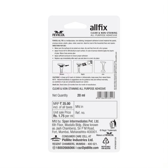 Pidilite Multi-Purpose Allfix Clear & Non-Staining Adhesive (20ml ...