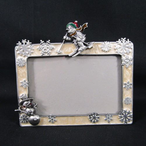 Snowman Winter Photo Frame Enamel Metal Snowflakes Skiing 4x6 Picture ...