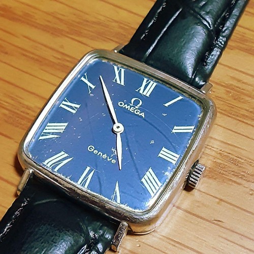 Omega Geneve Vintage Blue Silver Square Manual Winding Mens Watch Auth ...